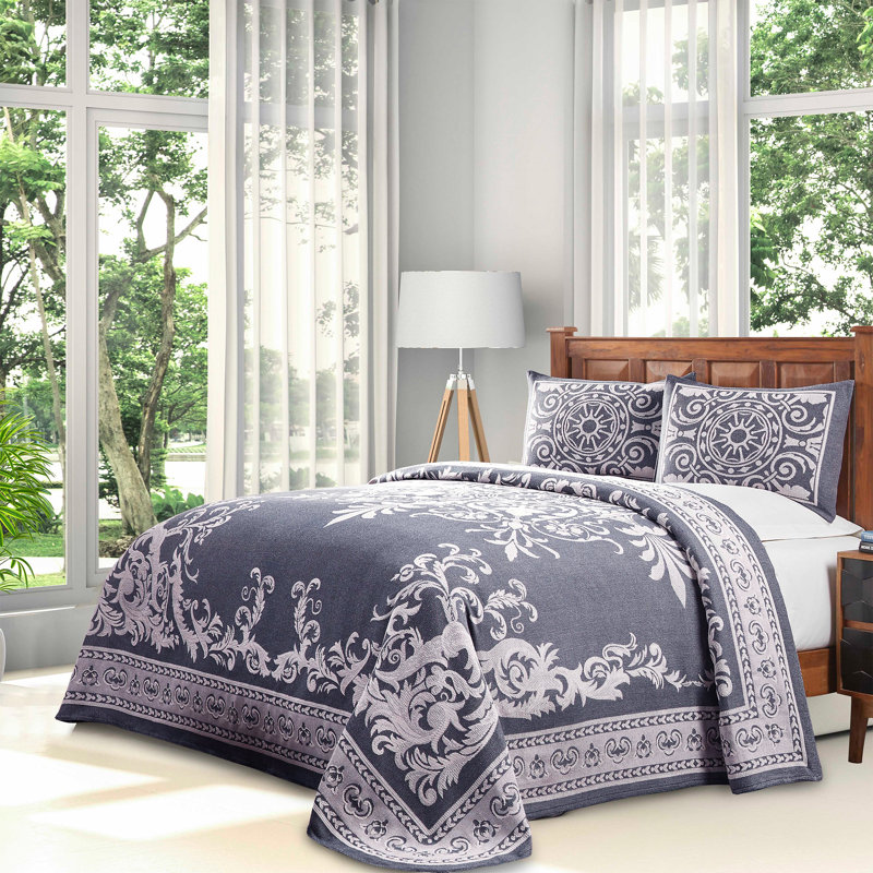 Superior Vintage Medallion Woven Jacquard Oversized Bedspread Sham Set Denim Blue King